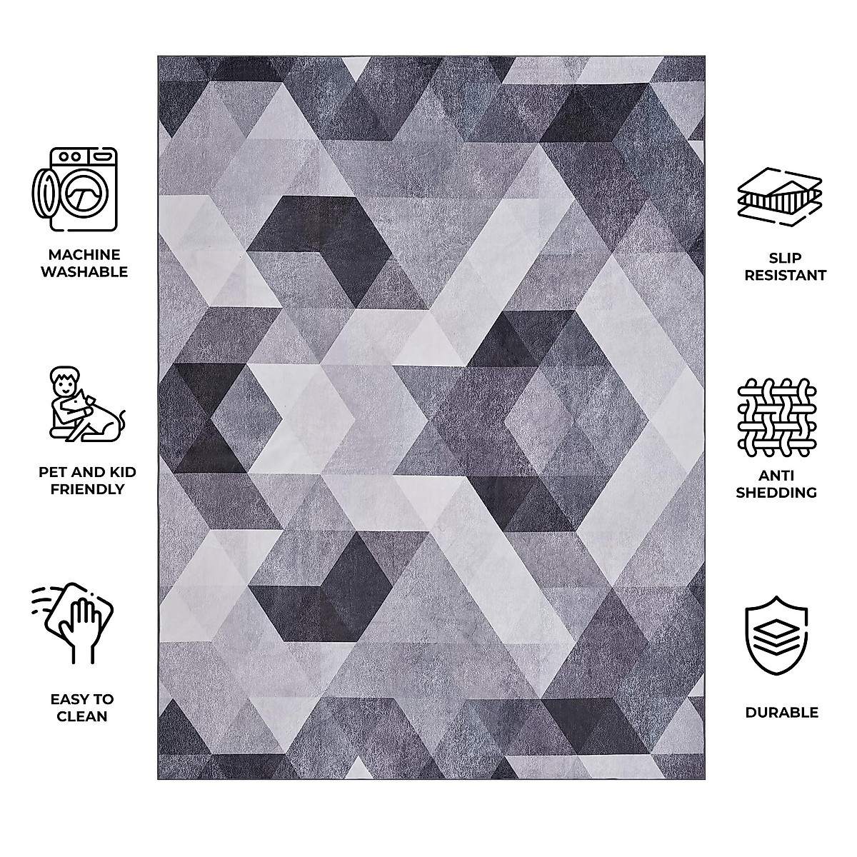 Casanta Living Machine Washable Rug - Geometric Abstract Area Rug - Neutral Gray Rug for Living Room, Bedroom, Entryway - Grey and Ivory White - 6x9