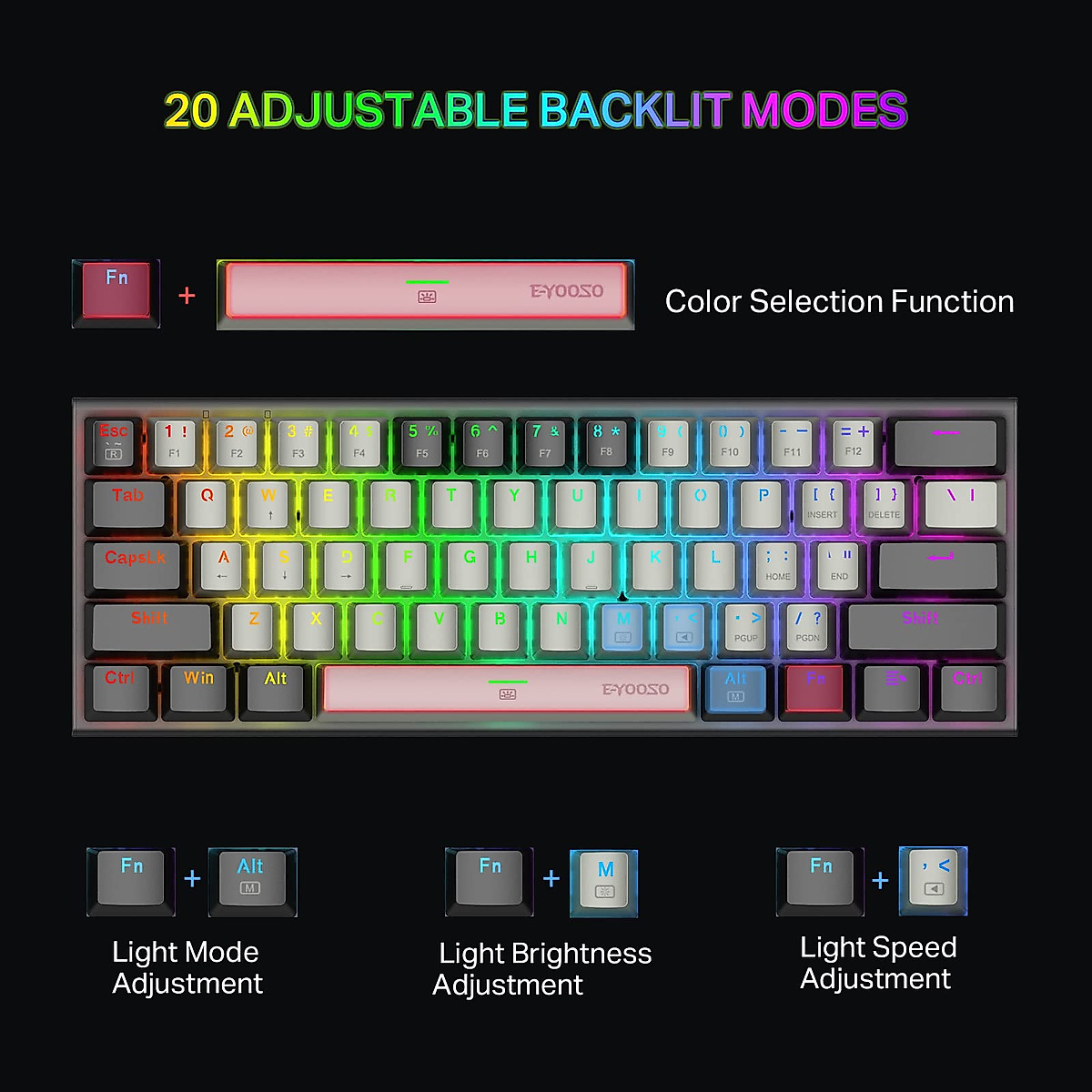 E-YOOSO 60% Wired Mechanical Gaming Keyboard, RGB Backlit Ultra-Compact 61 Keys Hot Swappable Mini Waterproof Wired Office Keyboard with Red Switches for Windows, Mac OS Gamers (Grey Black)