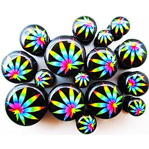 Pierced Republic Tie-Dye Pot Leaf Marijuana Ear Plugs - Acrylic Screw-On - New - 8 Sizes - Pair (0 Gauge (8mm))