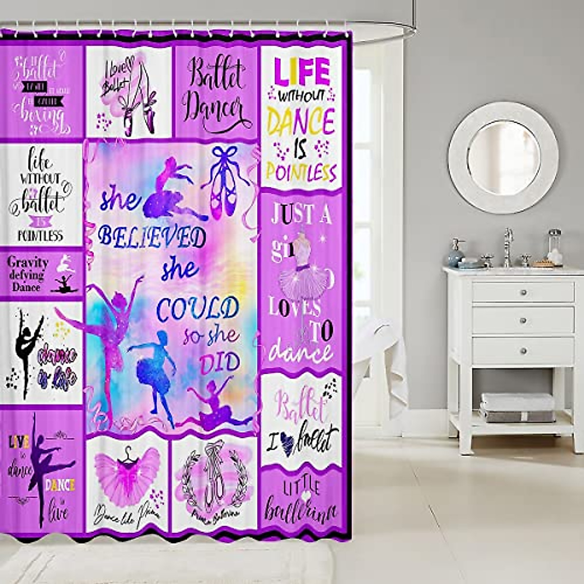 Girls Ballet Shower Curtain, Kids Ballet Dancer Bath Curtain Tie Dye Dancing Ballerina Bathroom Shower Curtains, Patchwork Plaid Dreamy Girly Cloth Fabric Bathroom Decor Set With Hooks, 72" W X 78" L