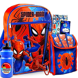 Marvel Spiderman Backpack With Lunch Box ~ 5 Pc Bundle With Spiderman School Bag, Lunch Bag, Water Bottle, Stickers And More (Spiderman School Supplies For Kids)