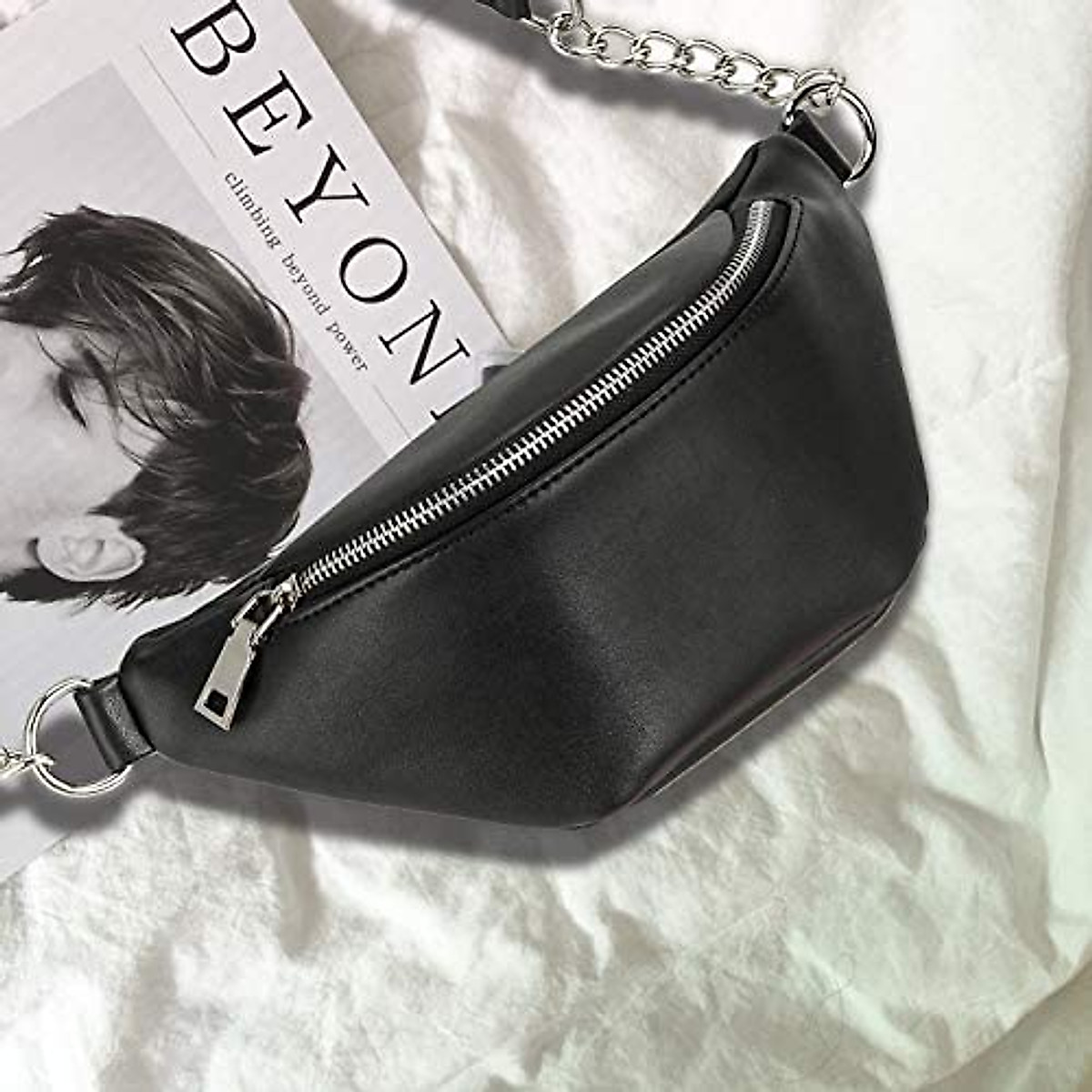 BigBigMe Fanny Pack for Women, Fashion Leather Waist Bag Belt Bag with Adjustable Strap Crossbody bag Chest Bag Phone Purse with Metalic Chain, Gifts for Women, Black