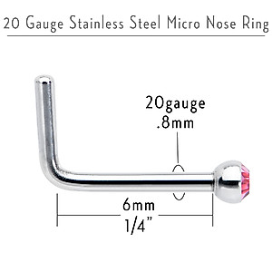 Body Candy Stainless Steel 1.57mm Pink Accent Micro L Shape Nose Stud Ring 20 Gauge