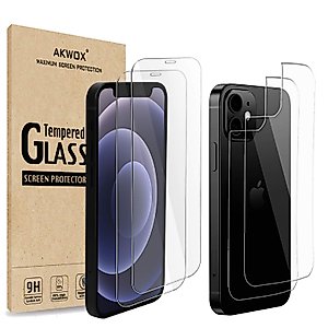 (4-Pack) Tempered Glass Screen Protectors for iPhone 12 Mini 5.4-inch with Back Covers, Akwox 9H Front Screen Protector and Back Screen Protector for iPhone 12 Mini (5.4" Display, 2020)