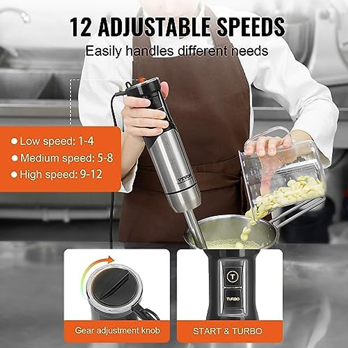 VEVOR Immersion Blender, 12-Speed Heavy Duty Immersion Blender, 800W Instantaneous PowerStainless Steel Blade Copper Motor Hand Mixer, Portable Mixer with Measuring Cup, Whisk, Milk Frother