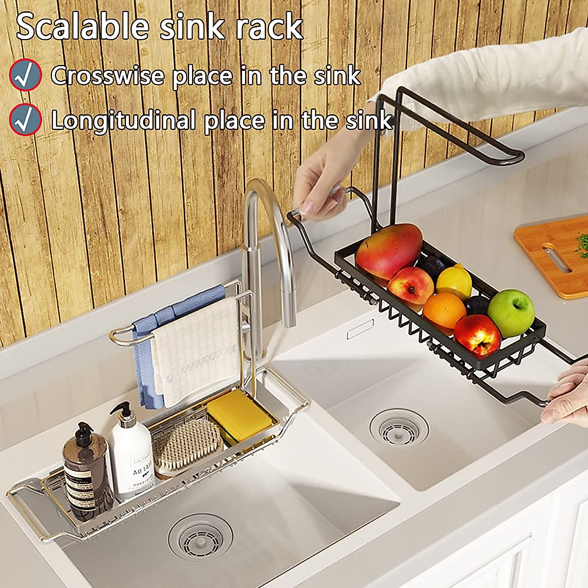 Hvanam Stainless Steel Kitchen Sink Rack Telescopic Organizer Holder Expandable Countertop Accessories Drain Caddy Tray for Kitchen or Bathroom Towel Soap Sponge Brush Storage(Black)