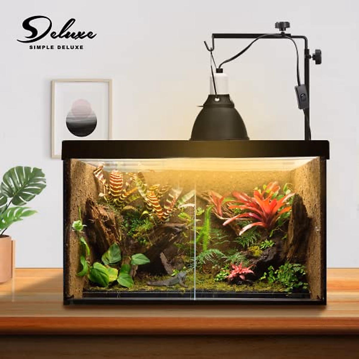 Simple Deluxe Reptile Lamp Stand Metal Floor Light Holder Basking Lamp-Holder Lamp-Support Bracket, Height Adjustable for Glass Terrarium Heating-Light, Amphibian and Aquarium Tank