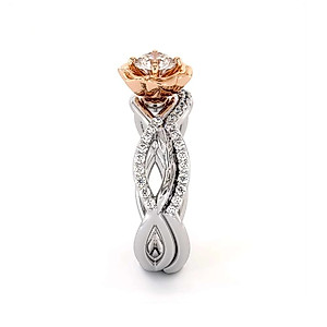 1.8 Ct Round Cut White Diamonds Flower Leaf Twisted Band Two Tone Bridal Wedding Ring Set, 925 Sterling Silver Rhodium Plated (7, Two Tone Finish)