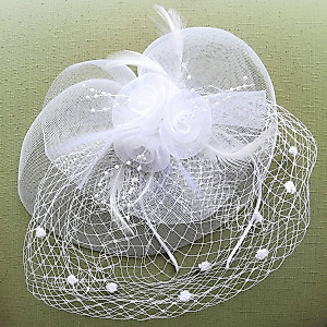 Women Cocktail Tea Party Flower Headwear Birdcage Pillbox Hat Wedding Veil Vintage Fascinator with Feather White
