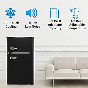 Joy Pebble Small fridge with freezer,3.2 cu.ft compact refrigerator with freezer,Mini Fridge for bedroom, Dorm or Apartment with Adjustable Removable Glass Shelves,Black