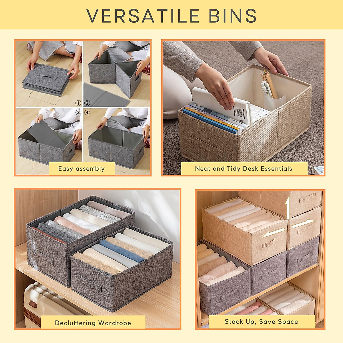 Small Gray Storage and Organization Bins, Baskets for Shelves, Closet Organizer, Washable, Collapsible, with Handles, Cotton & Linen (3-Pack)