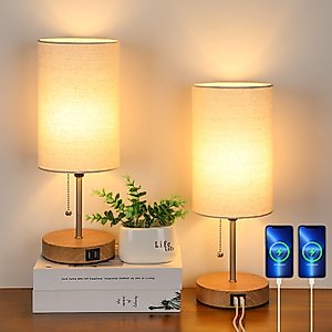 Set of 2 Table Lamps with 2 USB Ports, Modern Bedside, Desk Lamps with Pull Chain, Nightstand Lamps with Cream Fabric Shade and Oak Metal Base for Living Room Bedroom Office Reading Dorm Hotel