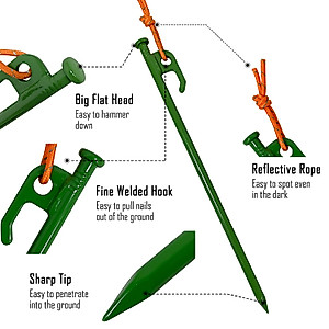 Sutekus Metal Tent Stakes Heavy-Duty Forged Steel Tarp Pegs Vibrant Camping Spikes with Reflective Pull Cord for Camping Hiking Outdoors, 12PCS (8")