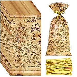 100 Pieces Pirate Party Cello Bags Pirate Treat Bags Goodie Treasure Map Island Treat Bags for Pirate Party Favors Supplies with Gold Twist Ties…