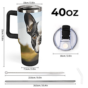 40 Oz Personalized Tumbler with Handle And Straw Puppy Dog Boston Terrier Stainless Steel Insulated Tumblers Reusable Car Thermal Cup Travel Coffee Mug for Women Men