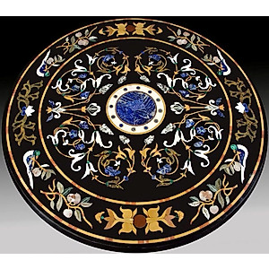 Natural Black Marble Round 24" x 24" Inch Coffee Table Top, Pietra Dura Semi Precious Stones Inlay Centre Table Top, Patio Table Top, Side Table Top, Piece Of Conversation, Family Heir Loom