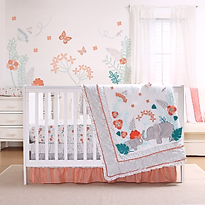 The Peanutshell Safari Love Baby Crib Bedding Set for Girls, 3-Piece Elephant, Coral, Grey and Green | 100% Cotton | Crib Comforter, Fitted Sheet, 3 Tier Crib Skirt Included