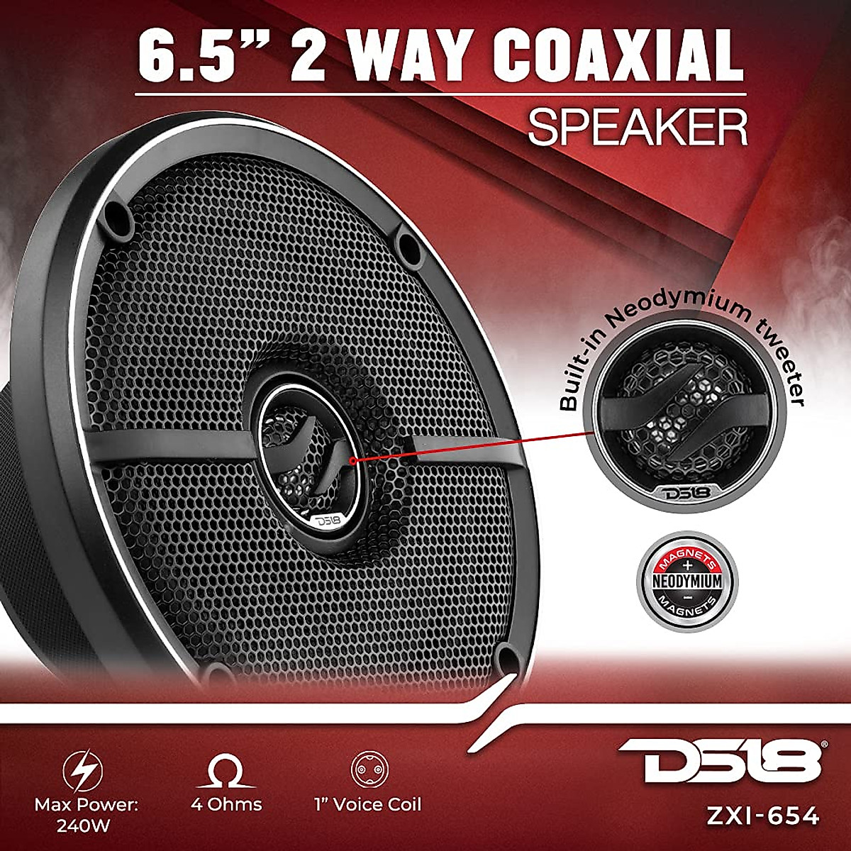 DS18 ZXI-654 6.5" Car Audio Coaxial Car Speakers with Built in Neodymium Tweeter and Kevlar Cone 2 Way 240 Watts Max 4 Ohm - Car Stereo Sound System with Removable Grill (2 Speakers)
