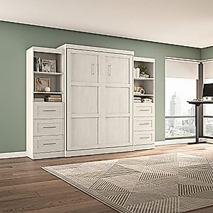 Bestar Pur Queen Murphy Bed and 2 Shelving Units with Drawers, 115-inch Space-Saving Sleeping Arrangement in Linen White Oak