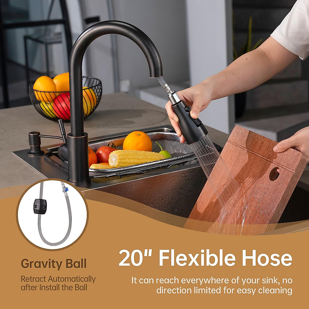 APPASO Oil Rubbed Bronze Kitchen Faucet, Stainless Steel Kitchen Faucet with Soap Dispenser and Pull Down Sprayer, High Arch Faucet Kitchen Bronze for 1 or 2 Hole Sink Without Deck Plate