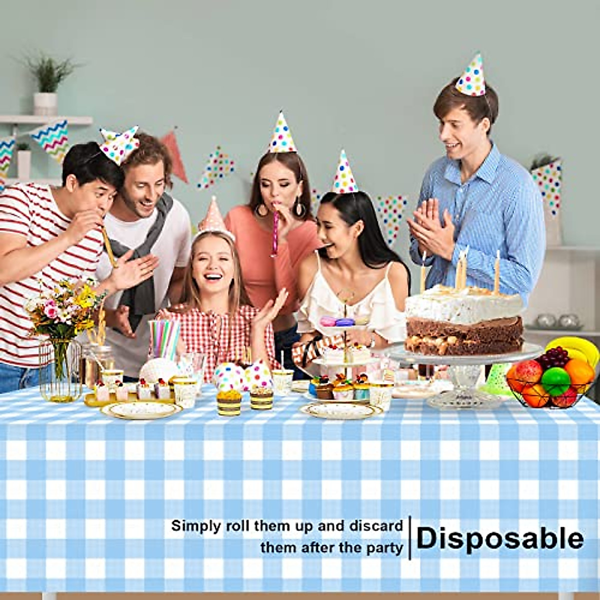 LIKAJON 6 Pack Blue and White Checkered Tablecloth, Blue Plastic Table Cloths for Parties Disposable, 54 x 108 inch Waterproof Rectangular Blue Gingham Camping Tablecloth for Birthday, Party, Picnic