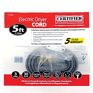 Certified Appliance Accessories 30-Amp Appliance Power Cord, 3 Prong Dryer Cord, 3 Wires with Eyelet Connectors, 5 Feet, Copper Wire