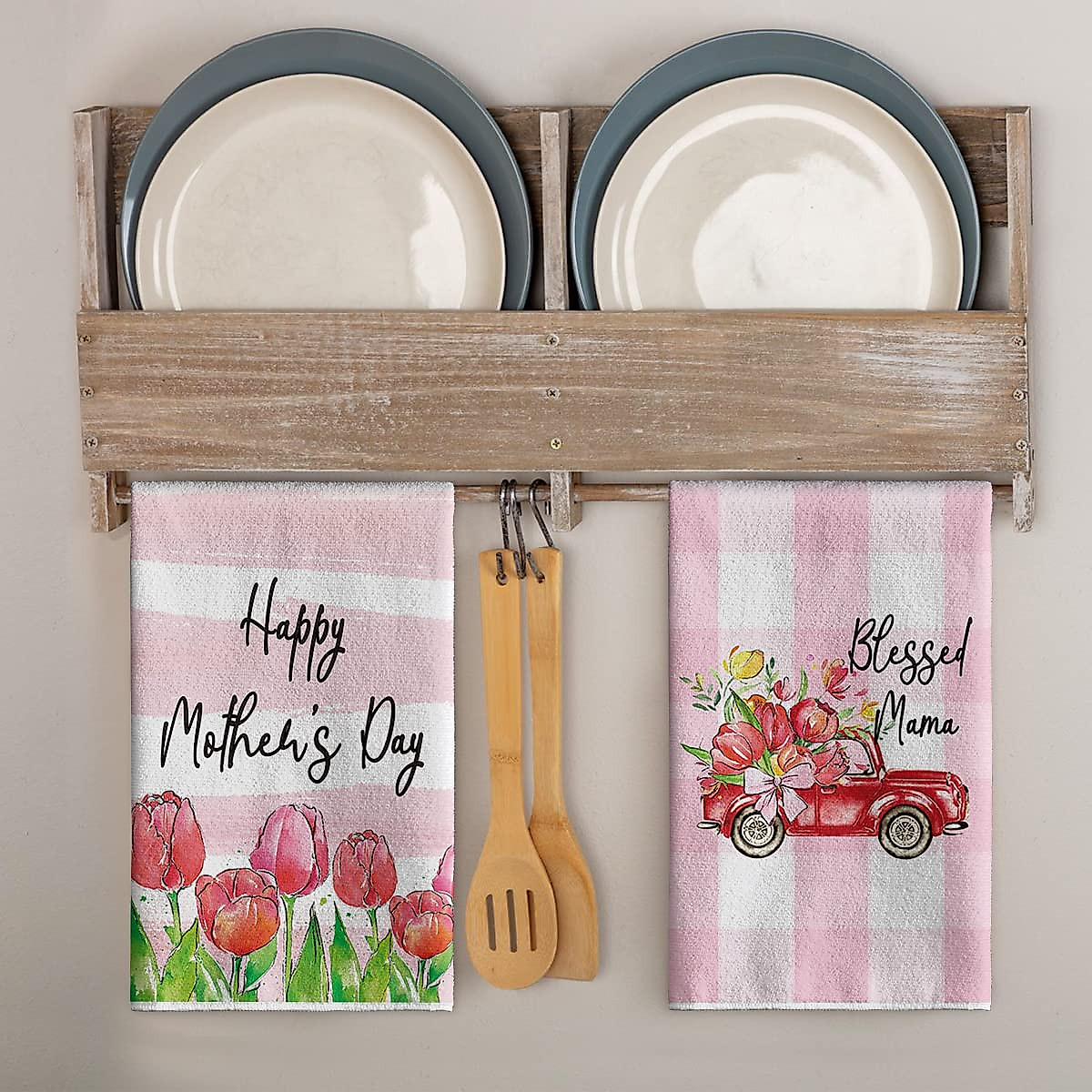 Artoid Mode Watercolor Stripes Buffalo Plaid Tulip Blessed Mama Happy Mother's Day Home Kitchen Towels, 18 x 26 Inch Ultra Absorbent Coffee Tea Bar Hand Towels Gift for Cooking Baking Set of 2