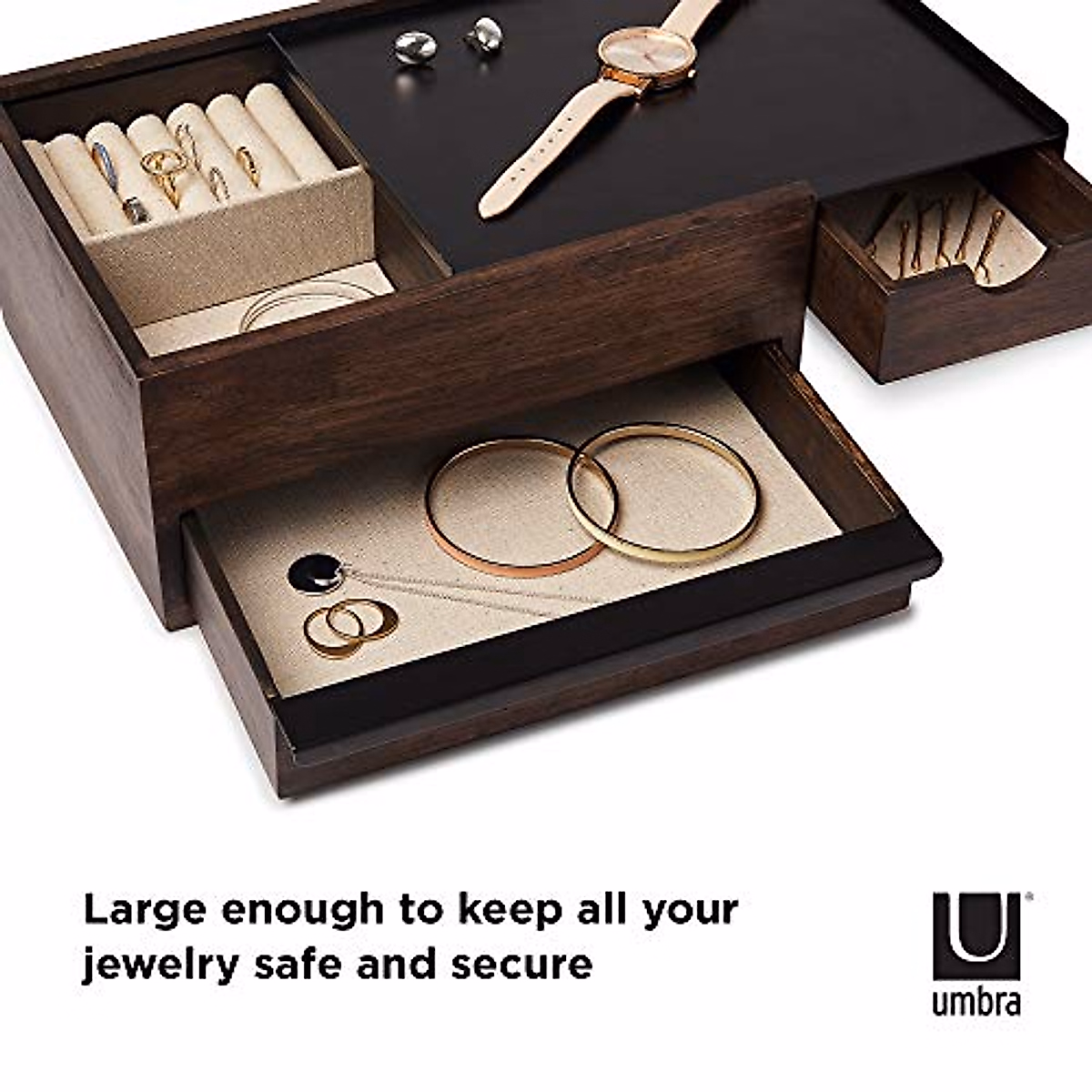 Umbra Stowit Jewelry Box-Modern Keepsake Storage Organizer with Hidden Compartment Drawers for Ring, Bracelet, Watch, Necklace, Earrings, and Accessories, Black/Walnut