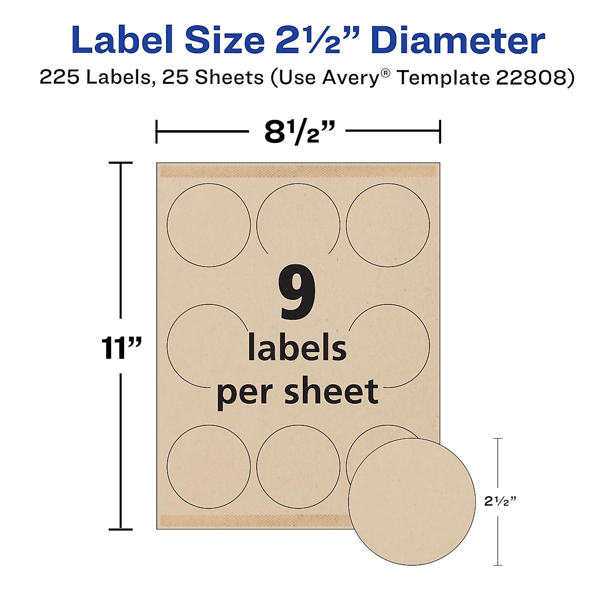 Avery Printable Round Labels, 2.5" Diameter, Kraft Brown, 1,125 Customizable Labels (22808)