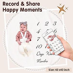 Baby Milestone Monthly Blanket with Double-Sided Milestone Cards and Circle Ring Play Mat Large(43.3" X43.3') Double Sided Pom Pom Ball Thick Flannel Round Rug for Boy Girl, Baby Photography Props
