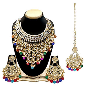 Aheli Elegant Indian Wedding Wear Faux Kundan Studded Choker Necklace with Maang Tikka Set Ethnic Fashion Jewelry for Women (Multi Kundan & Pearl Drop)