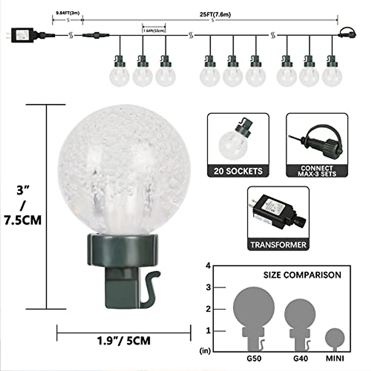 MuDay Globe Outdoor String Lights,25FT Shatterproof Connectable Hanging Light, 20 Crystal Globe G50 Bulbs,Extendable Patio Lights for Backyard, Bistro, Party, Garden(Warm White)