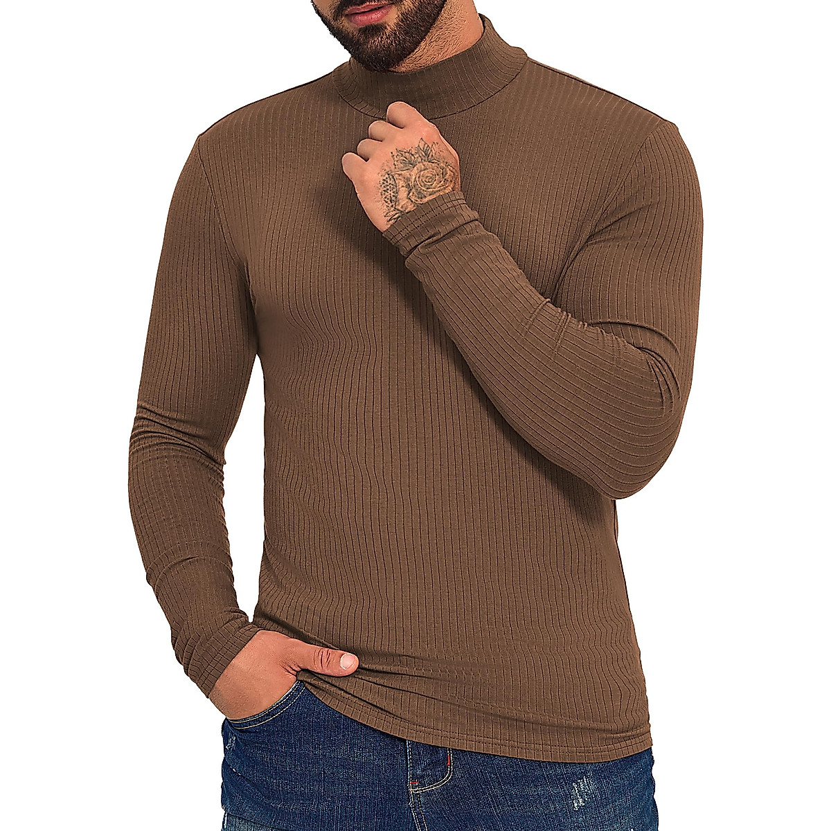 ZAFUL Mens Long Sleeve Turtleneck Undershirt Casual Knit Pullover Thermal Sweater Shirts Ribbed Tee for Fall Winter Brown L