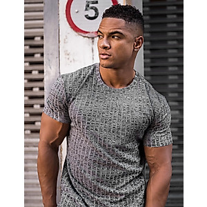 URRU Men's Muscle T Shirts Stretch Short Sleeve Bodybuilding Workout Casual Slim Fit Tee Shirts Grey M