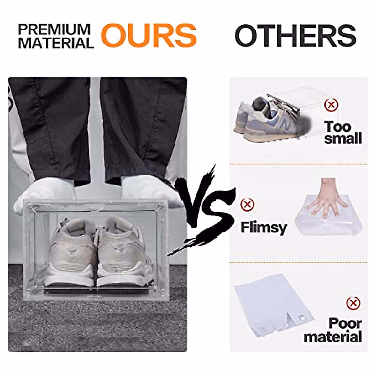 TVKB Large Clear Shoe Organizer Boxes Stackable Shoe Storage Sturdy Hard Plastic Shoe Box with Magnetic Front Door for Closet, Easy Assembly, Fit Up to Size 12(13.4"*10.6"*7.4)