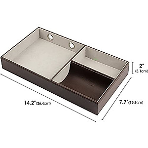 JACKCUBE DESIGN Nightstand Organizer for Men, Leather Valet Tray Key Wallet Phone Watch Glass Holder with 2 Charging Holes (Dark Brown, 14.2 x 7.7 x 2 inches) - MK234A