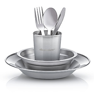 Unique Complete Messware Kit Polished Stainless Steel Dishes Set| Tableware| Dinnerware| Camping| Includes - Cups | Plates| Bowls| Cutlery| Comes in Mesh Bags (Single Person Green)