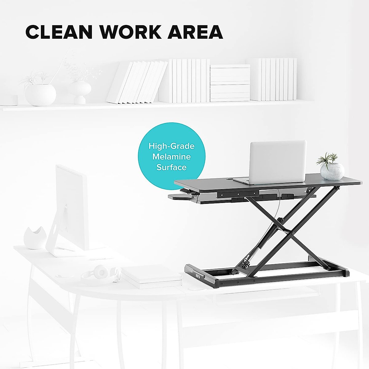 RIF6 34 Inch Convertible Standing Desk – Desk Riser with Customizable Height Settings – Sit to Stand with Spring Assisted Handle – Comes with Tablet and Phone Holder – Black
