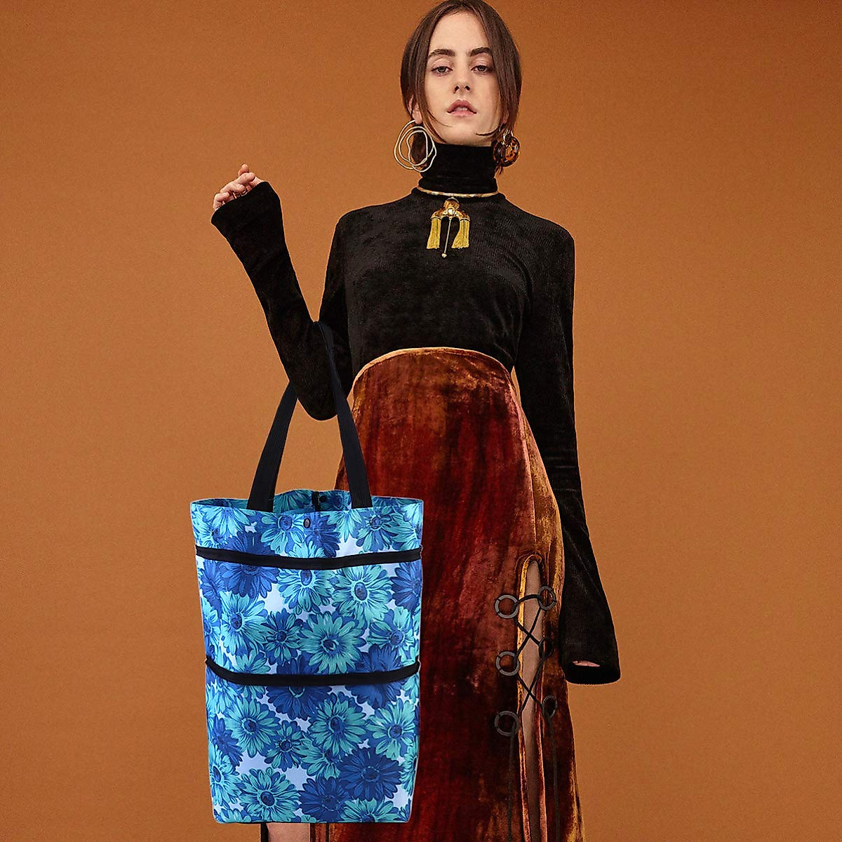 VILLCASE Foldable Dolly Folding Shopping Cart Stair Climber Cart Foldable Compact Grocery Collapsible Trolley Bags Reusable Shopping Bags Grocery Bags Shopping Trolley Blue Flowering Shopping Tote