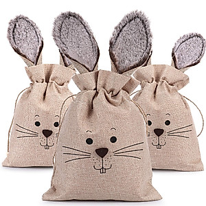 3 Pack Easter Burlap Bags Easter Bunny Tote with Drawstring Furry Bunny Ears Rabbit Easter Egg Hunts Goody Candy Treat Gift Storage Bags Kids Girls Easter Party Favor Bags(8" x 10.2")