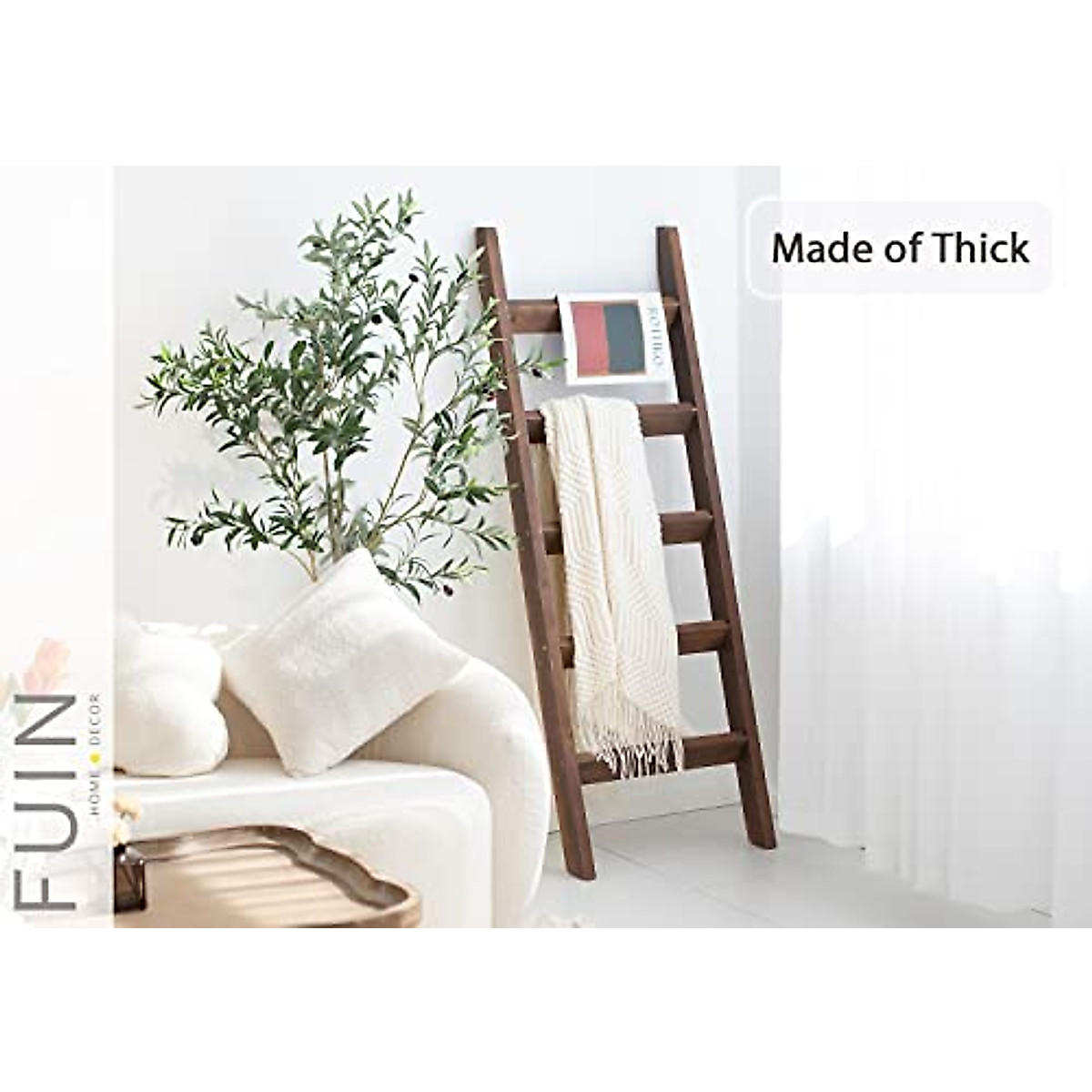 FUIN 5 Ft (58") Wood Decorative Wall Leaning Blanket Ladders Bathroom Storage Quilt Towel Display Rack Shelf Holder Rustic Farmhouse, Brown