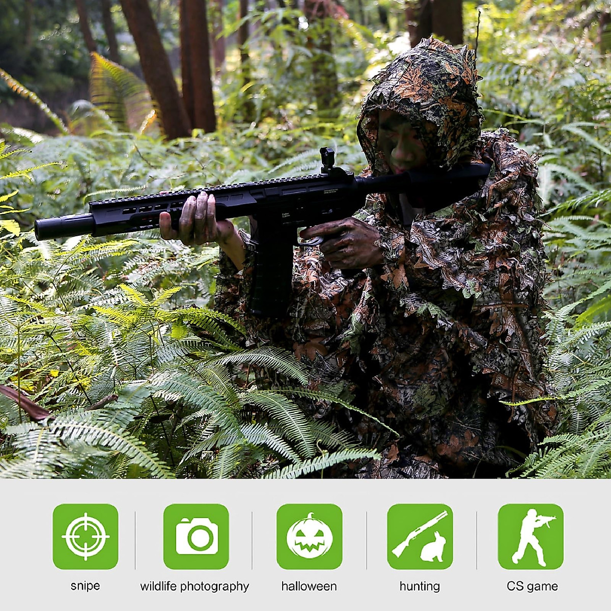 Zicac Outdoor 3D Leaves Camouflage Ghillie Poncho Camo Cape Cloak Stealth Ghillie Suit Military CS Woodland Hunting Poncho