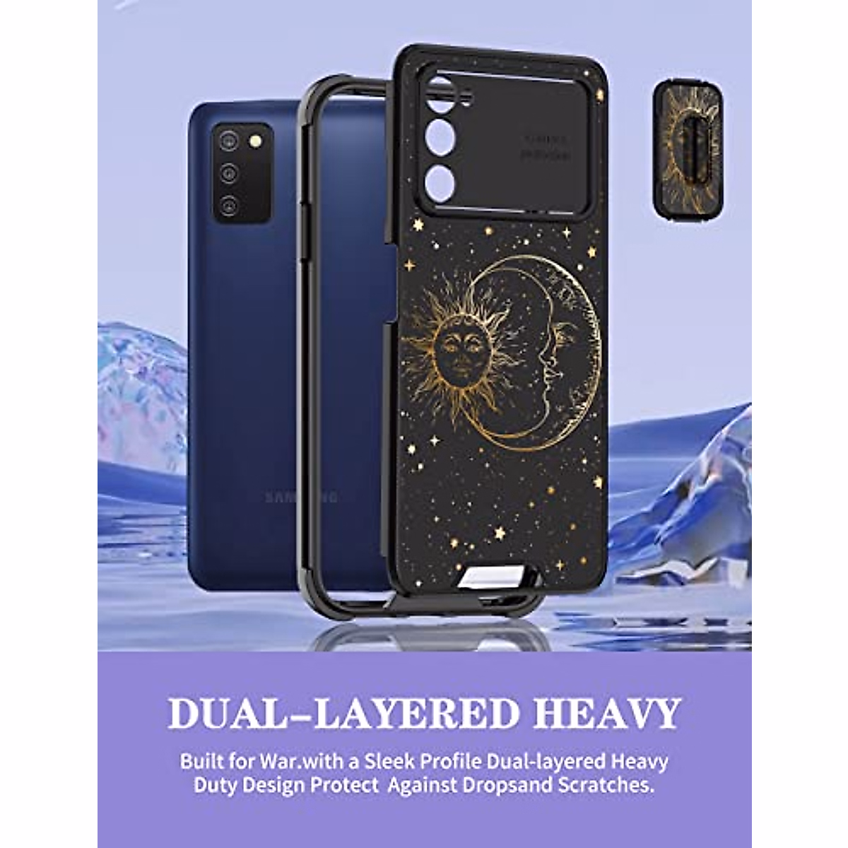 Goocrux for Samsung Galaxy A03S Case Sun and Moon Stars for Girls Women Cute Space Girly Phone Cover Fashion Gold Print Unique Design with Slide Camera Cover Aesthetic Cases for Galaxy A03S 5G 6.5''