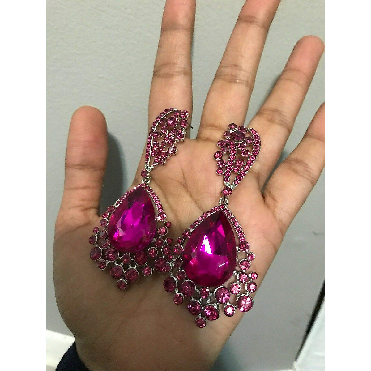 3.25" Long Hot Pink Fuchsia Dangle Pageant Rhinestone Crystal Silver Earrings