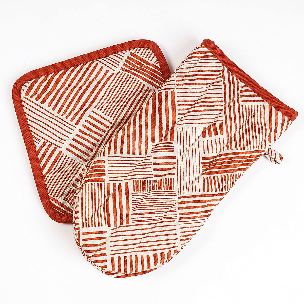VLiving Modern Retro Terracotta Cotton Quilted Oven Mitt and Pot Holder, Stripe Print Glove, Size 8"X13"