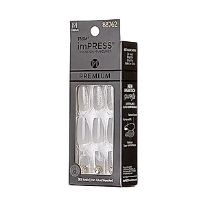 KISS imPRESS No Glue Mani Press On Nails, Premium, 'Legacy', Gray, Medium Size, Coffin Shape, Includes 30 Nails, Prep Pad, Instructions Sheet, 1 Manicure Stick, 1 Mini File