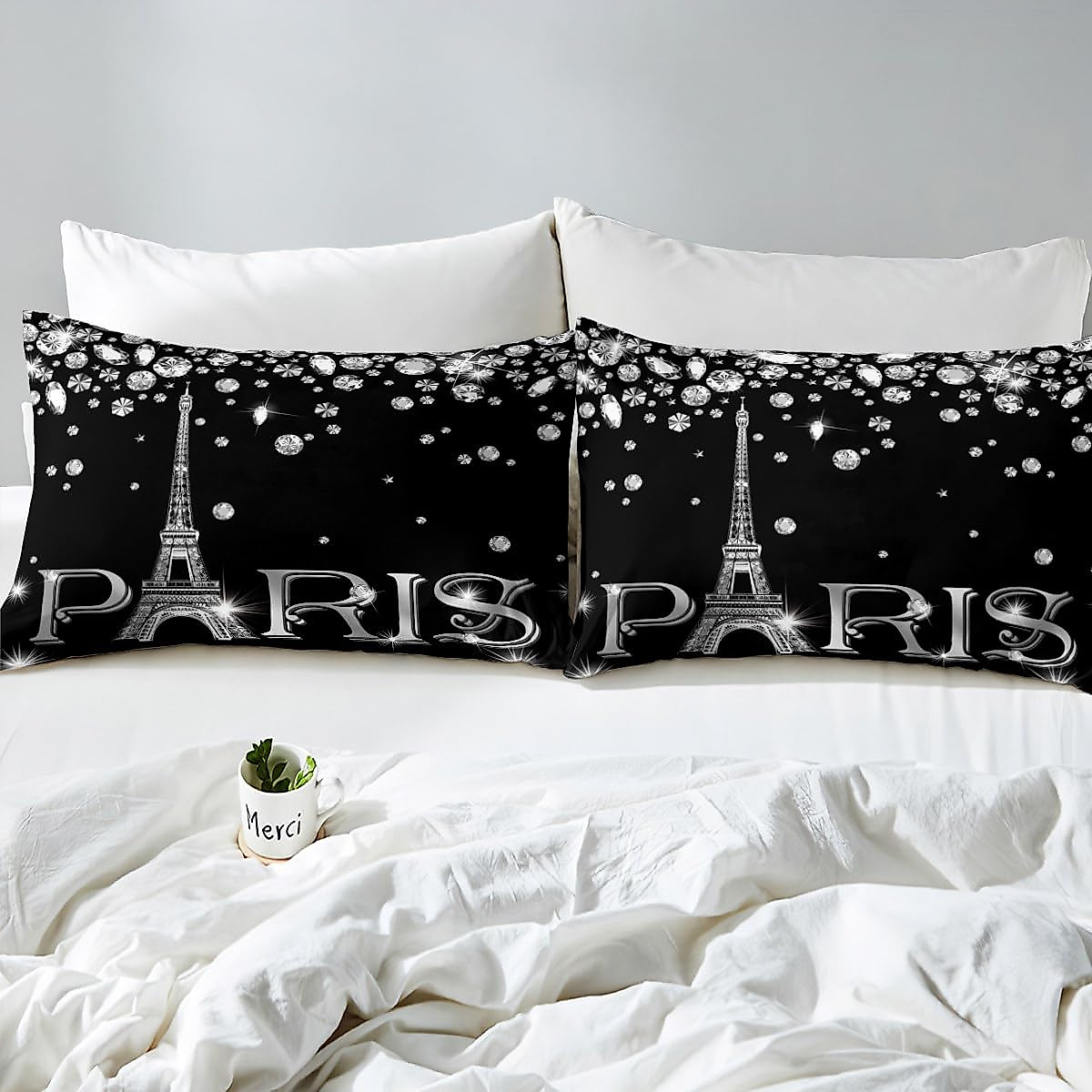 Eiffel Tower Duvet Cover King,Paris Bedroom Comforter for Women,Black and White Romantic Tower Bedding Set,Gradient Diamond Comforter Cover,Sparkles Sequins Bedspread Cover with 2 Pillow Shams