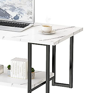 AWQM Marble Coffee Table, Faux Marble Top Rectangular Coffee Table with Black Metal Frame, 2 Tier Living Room Table for Living Room, Office, Balcony, White, 40 Inch