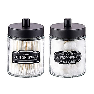 Elwiya Bathroom Apothecary Jars Set, Farmhouse Decor Glass Dispenser Holder for Qtip- Rustic Vanity Organizer with Stainless Steel Lids for Cotton Swabs, Rounds, Bath Salts, Ball/Black, 2 Pack