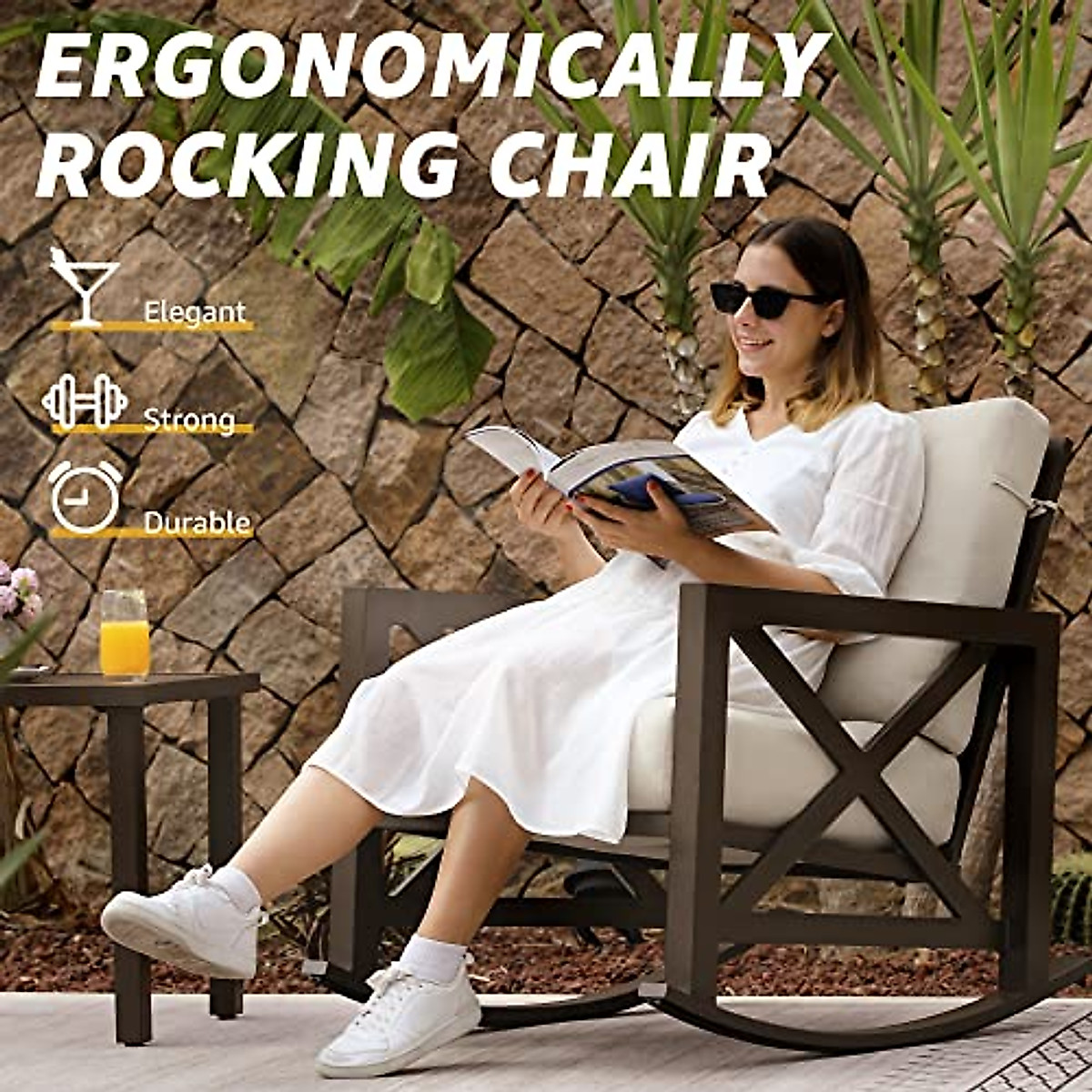 NATURAL EXPRESSIONS Outdoor Patio Rocking Chair, Metal Rocker Chair with 6.5'' Thick Olefin Cushions, Rocking Lawn Chair Rustproof Steel Frame for Outside, Indoor,Backyard,Porch,Poolside